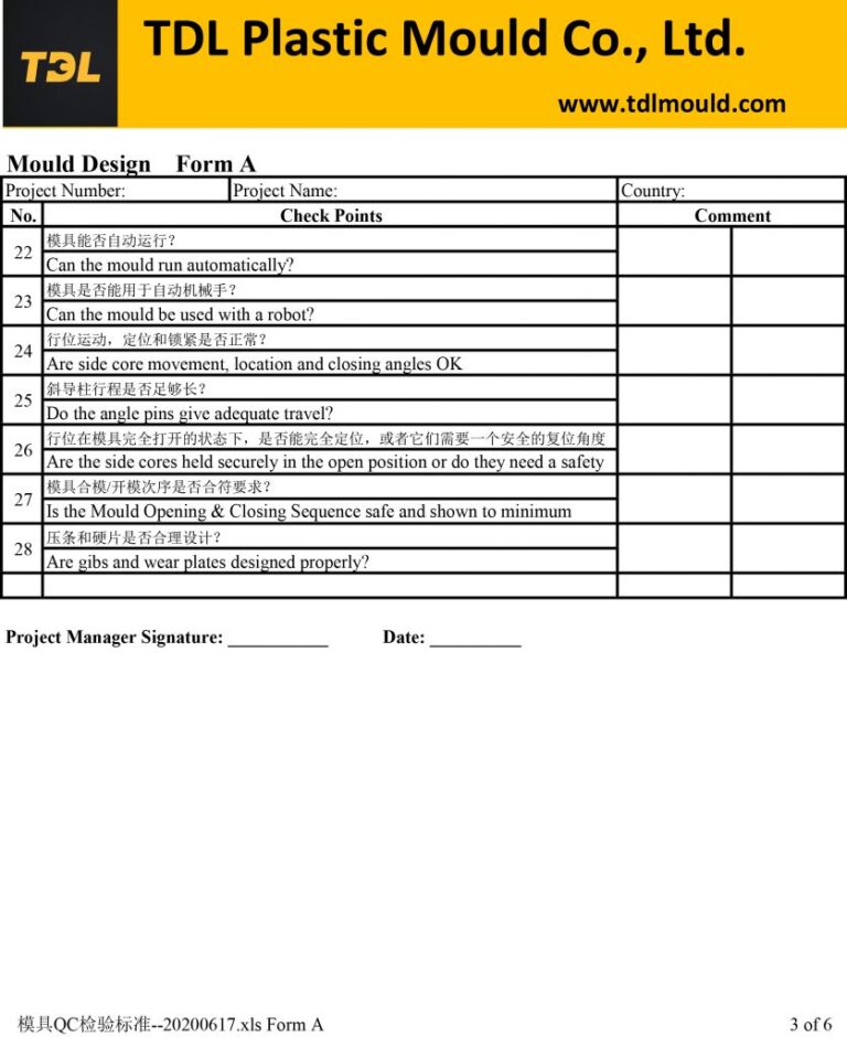 Plastic injection mold quality inspection checking list - TDL